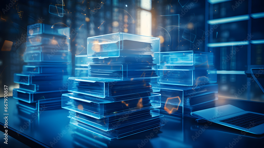 Abstract network grid with files and folders, futuristic software interface, digital document ...