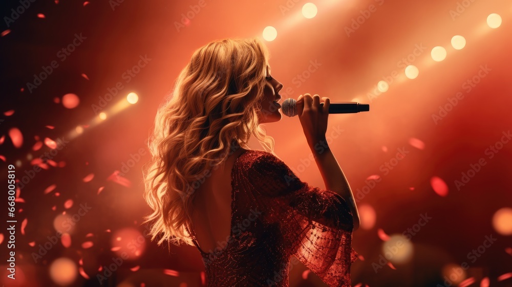 ภาพถ่าย Stock Female singer at pop concert stage singing with backlit ...