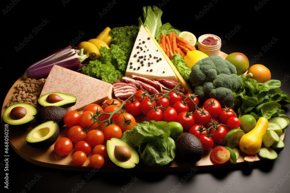 Large group of different types of food background in shape of pyramide ...