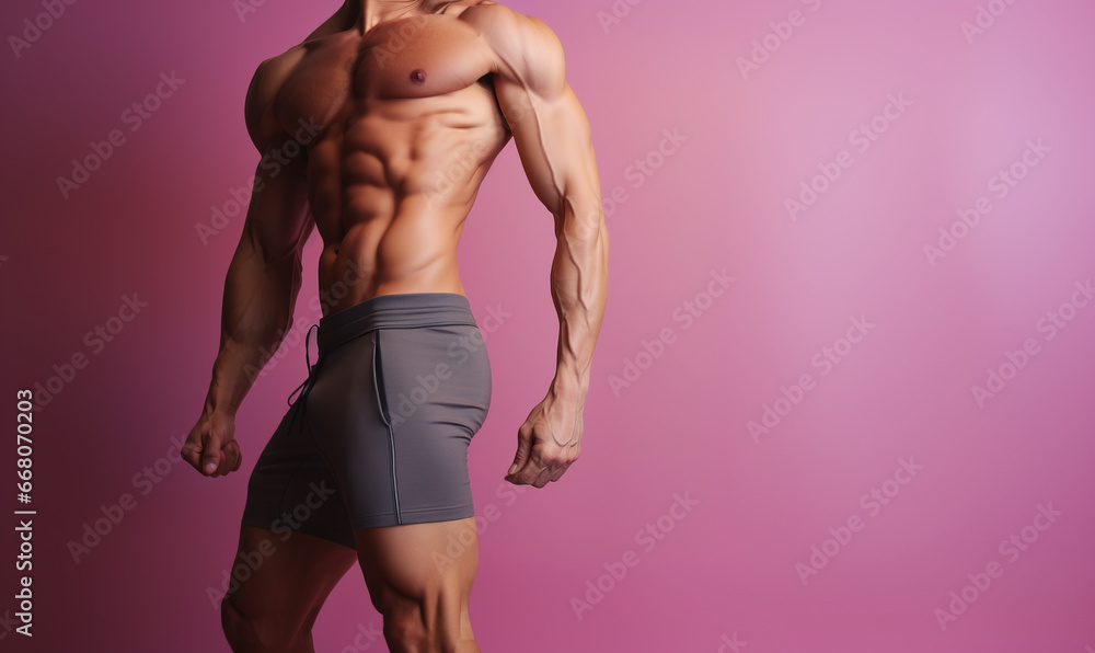 Male fitness model shirtless torso from profile slightly tilted in ...