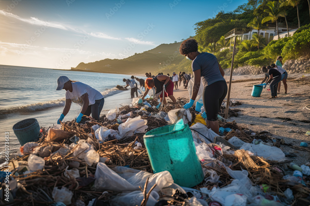 Beach cleanup by volunteers, people of different ages collecting ...