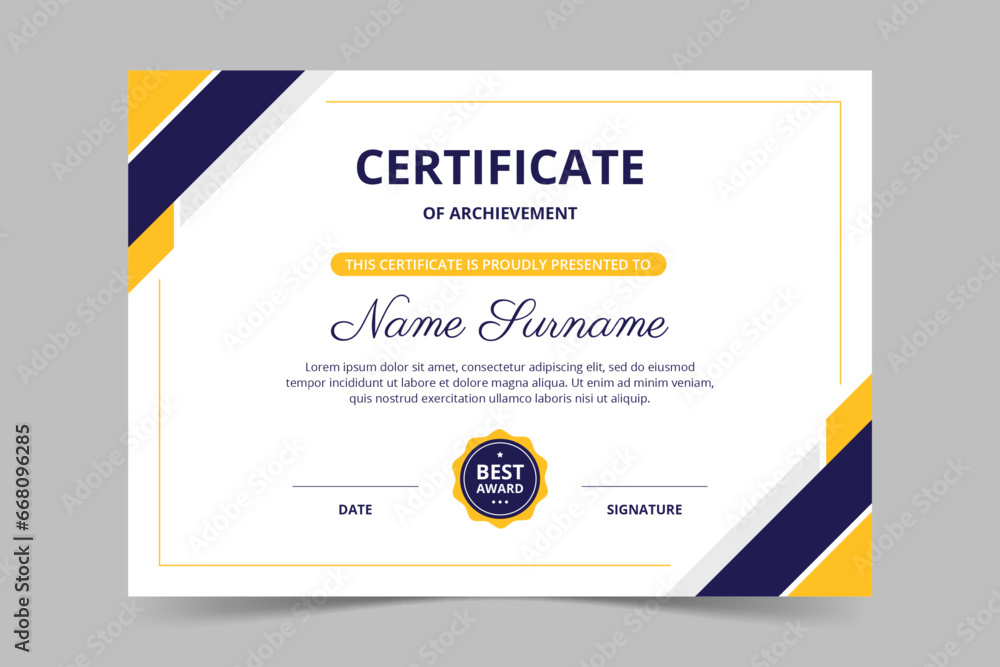 Modern elegant blue navy and yellow certificate template. Appreciation ...