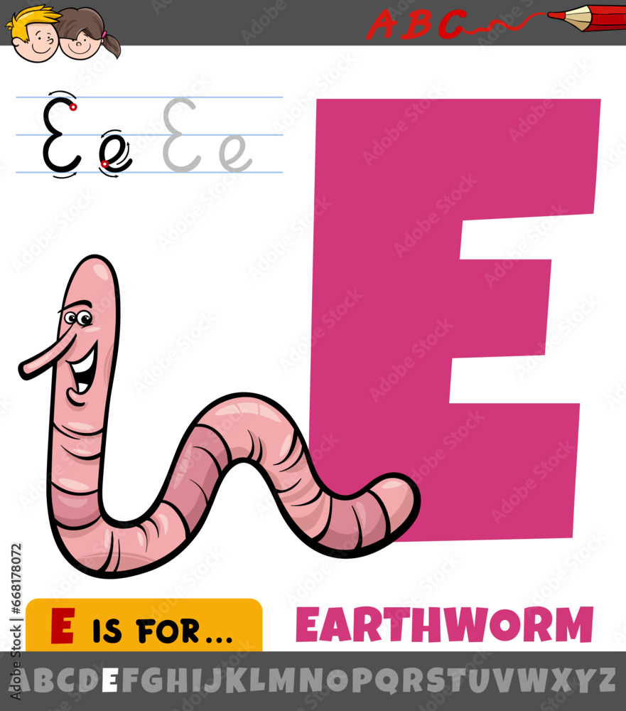 letter E from alphabet with cartoon earthworm character Stock Vector ...