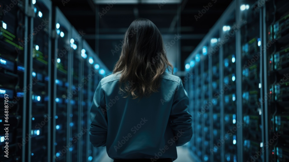 Back view of successful female data center IT specialist. System ...