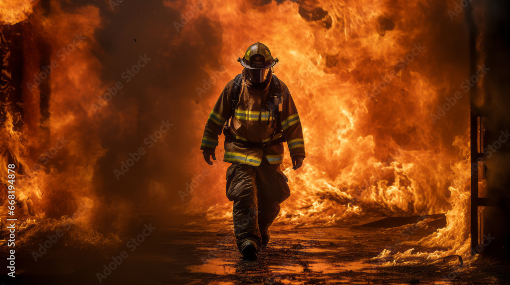 Strong and brave Firefighter walks along the corridor in the Burning ...