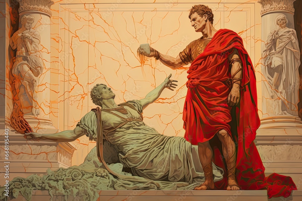 Death of Julius Caesar, stabbed by Brutus. He holding in his hand a piece of the emperor. Stock ...
