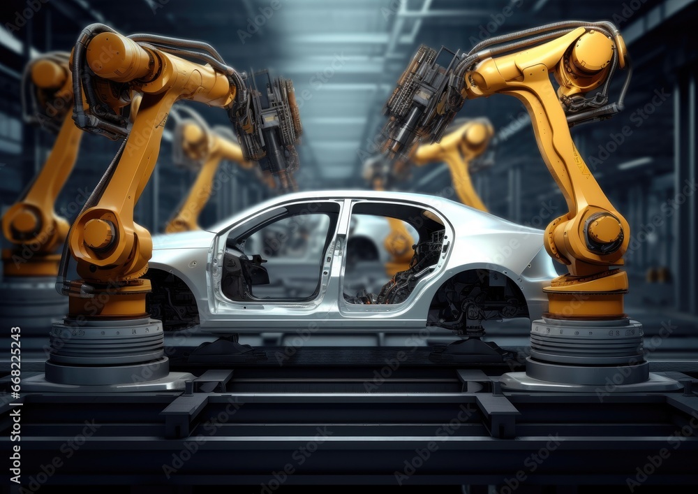 Automated Robot Arm Assembly Line Manufacturing High-Tech Green Energy Electric Vehicles ...