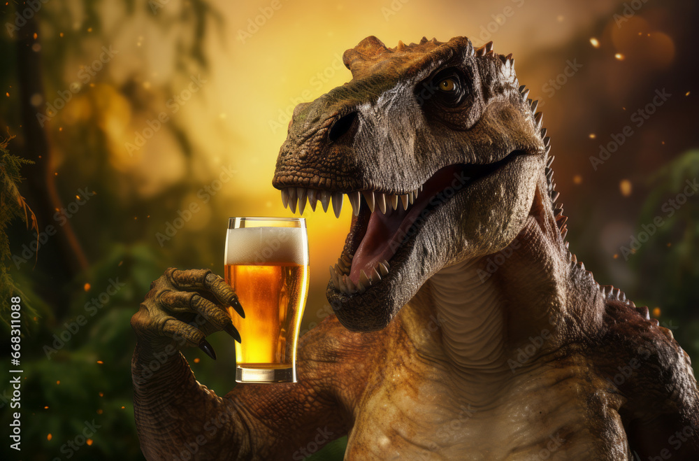 prehistoric relaxation, dinosaur delightfully holding a beer amidst a ...