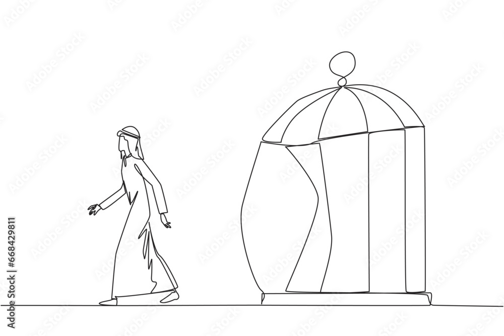 Single one line drawing Arab businessman trapped in cage and walking ...
