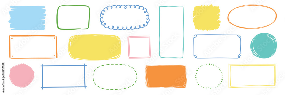 Hand drawn doodle color frame set. Box, square, rectangle, circle shape ...