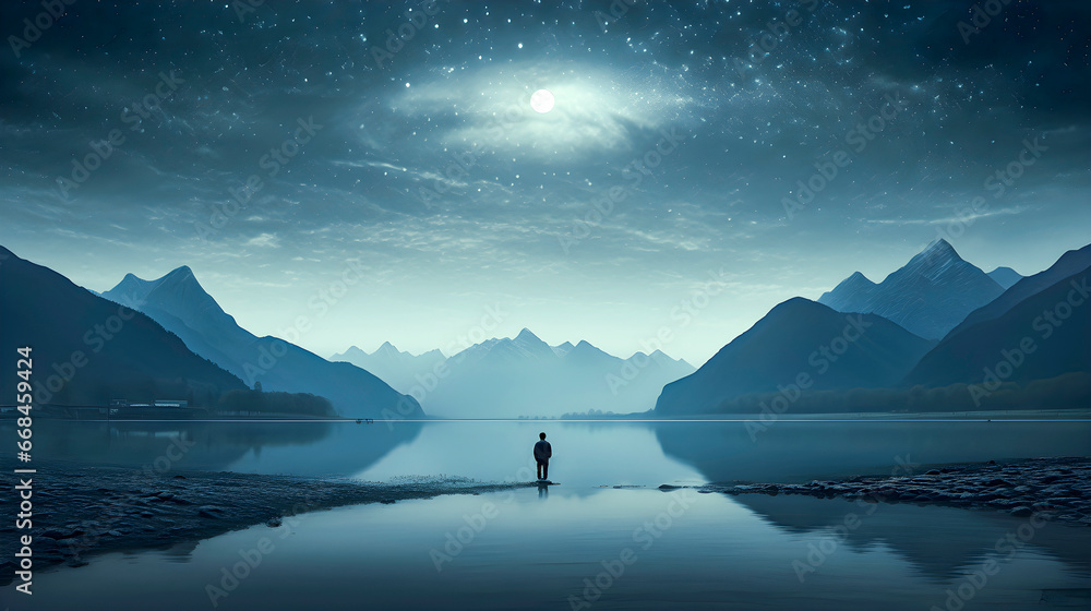 Night moonscape with lake, mountains and beautiful night starry sky and ...