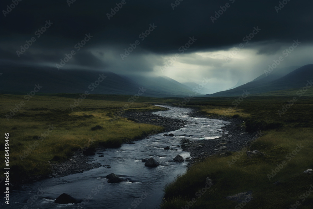 Tranquility meets drama: water in a valley captured under brooding ...