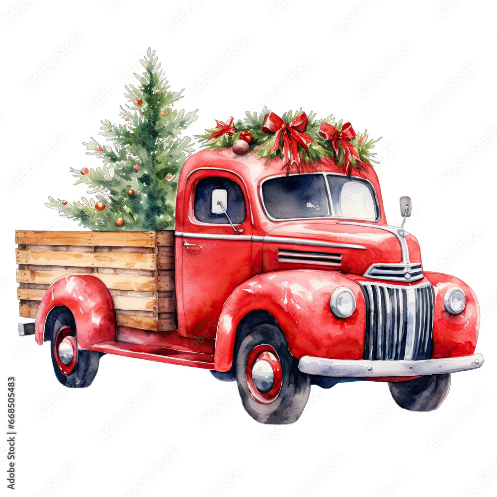 Christmas truck watercolor clipart on transparent background ...