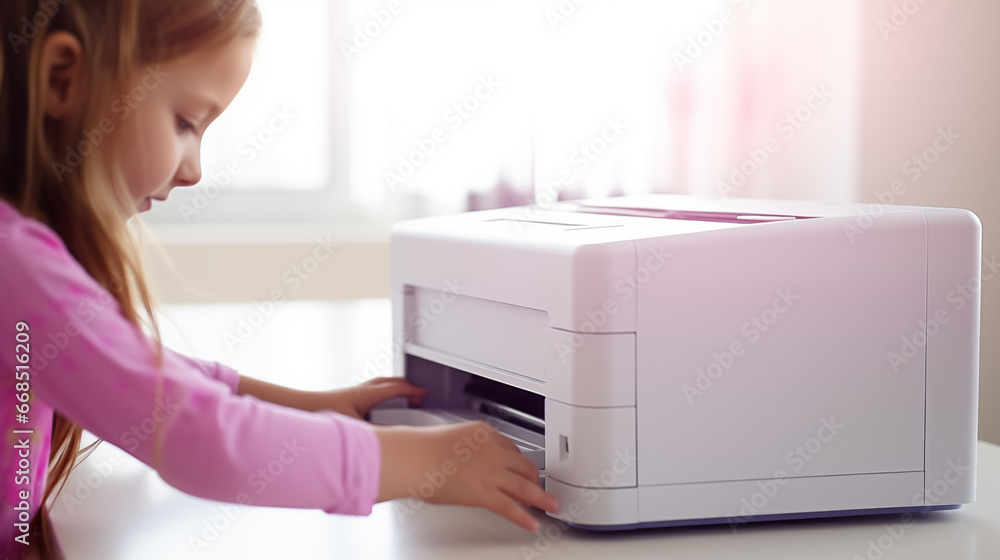 Little girl learning to print, Girl printing document. Child using ...