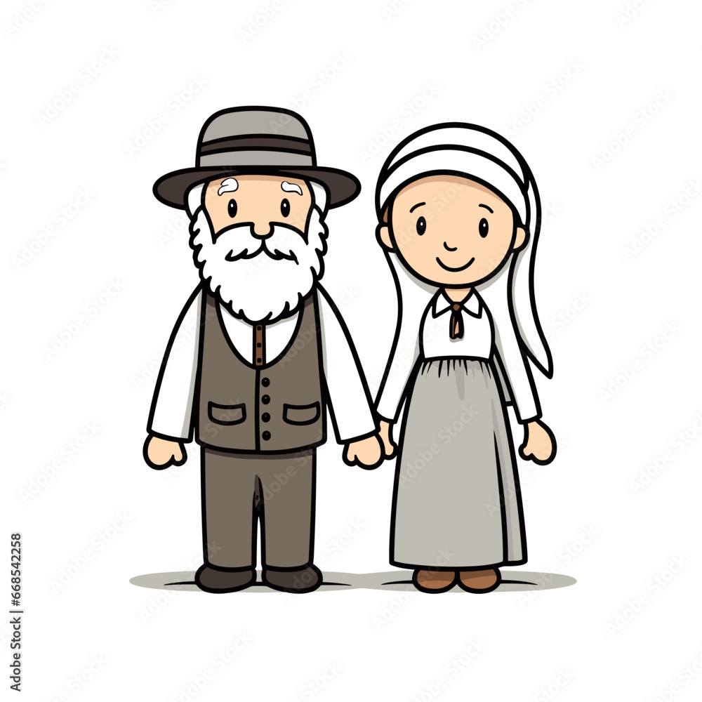 Amish couple hand-drawn comic illustration. Amish couple. Vector doodle ...