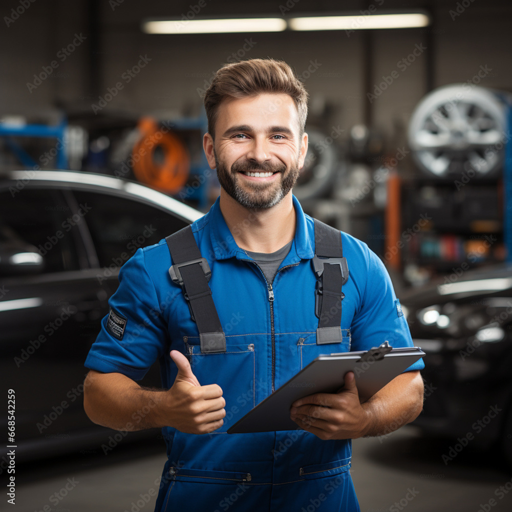 Autowerkstatt I KFZ Werkstatt I Mann vom Autoservice lacht und hält den ...