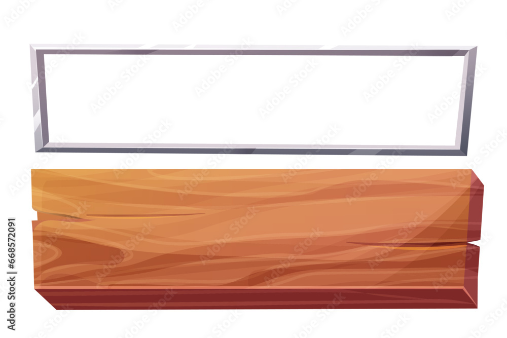Set Wood panel with metal border, frame menu in cartoon style isolated ...