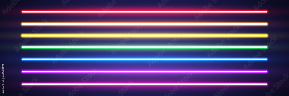 Neon long lines set. Rainbow border. Color laser beam. Realistic led ...