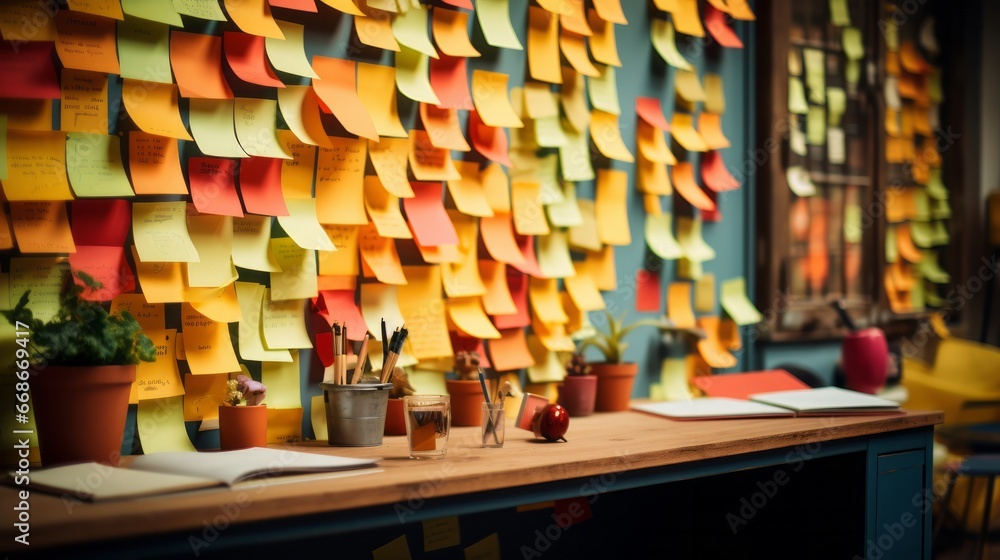 Sticky notes board in office. Many different. Generative AI. Stock ...