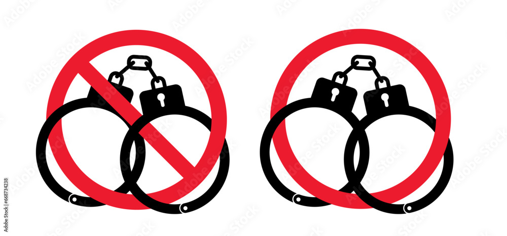 Prohibition handcuffs sign. Police hand cuffs. Closed jail cuffs. No ...