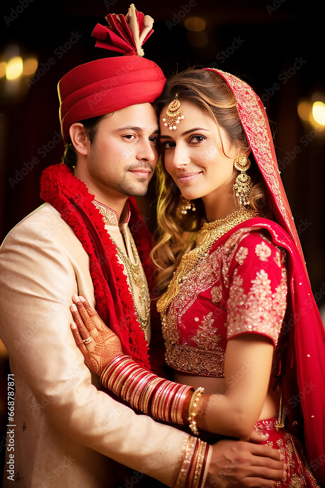 Indian Bride and groom posing on their wedding, Indian groom in white ...