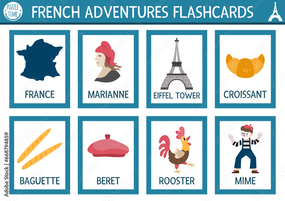 Vector French flash cards set. English language game with cute Eiffel ...