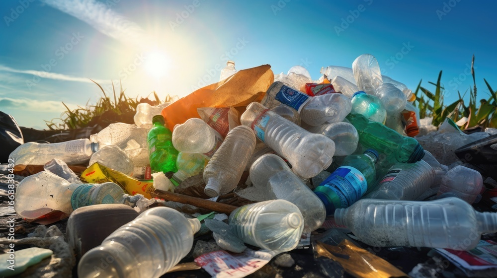 Image of overflowing trash bin filled with plastic bottles and ...