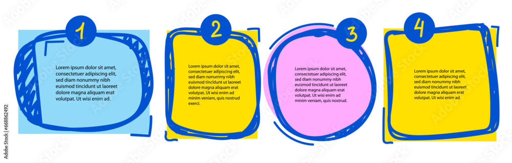4 steps infographic with hand drawn text boxes. Step by step instruction. Empty chart design ...