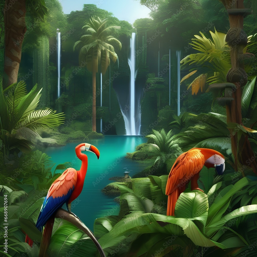 67 Depict a pixel art tropical jungle with exotic animals, waterfalls ...