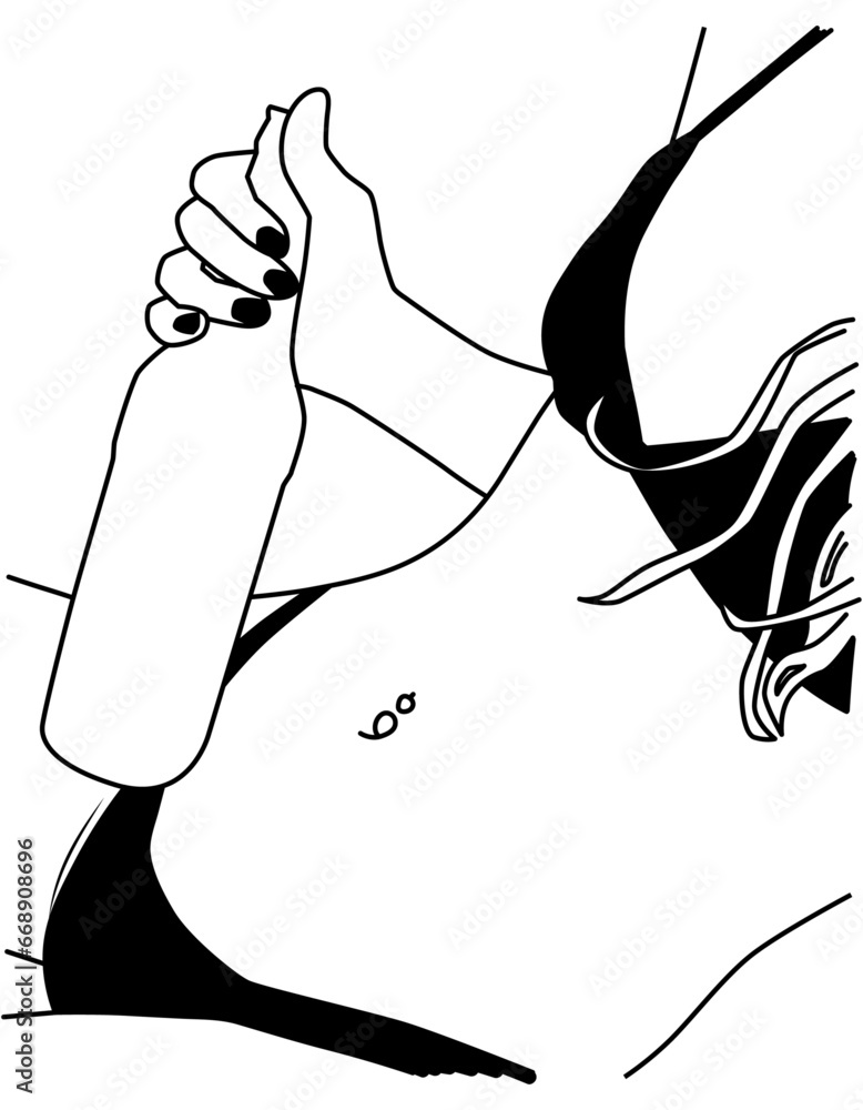 Minimalist Black And White Bikini Girl Line Art From Top View Stock