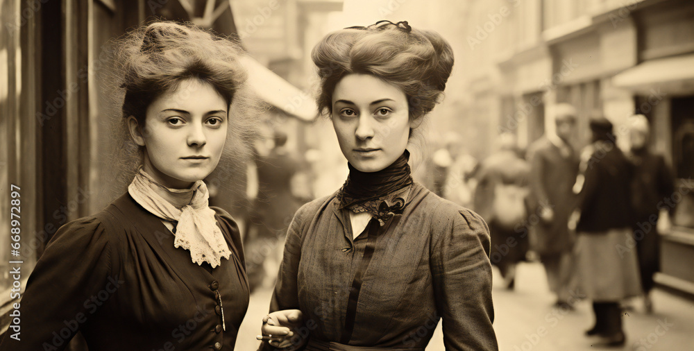 Two young women standing on a street in an old European city. Vintage 1900s style street ...