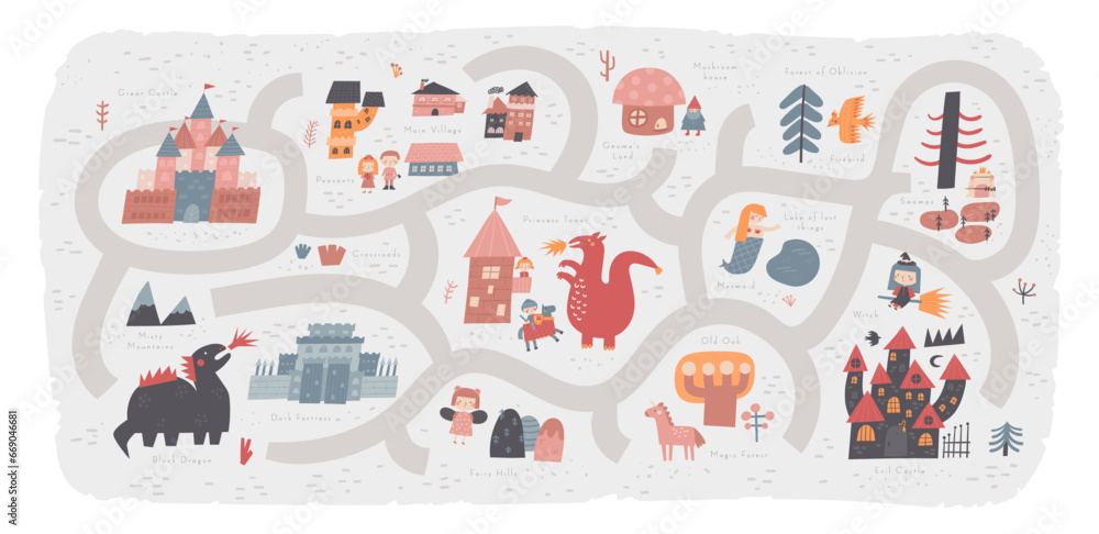 Fairy tale kingdom map with castle, princess, prince, dragon, witch ...