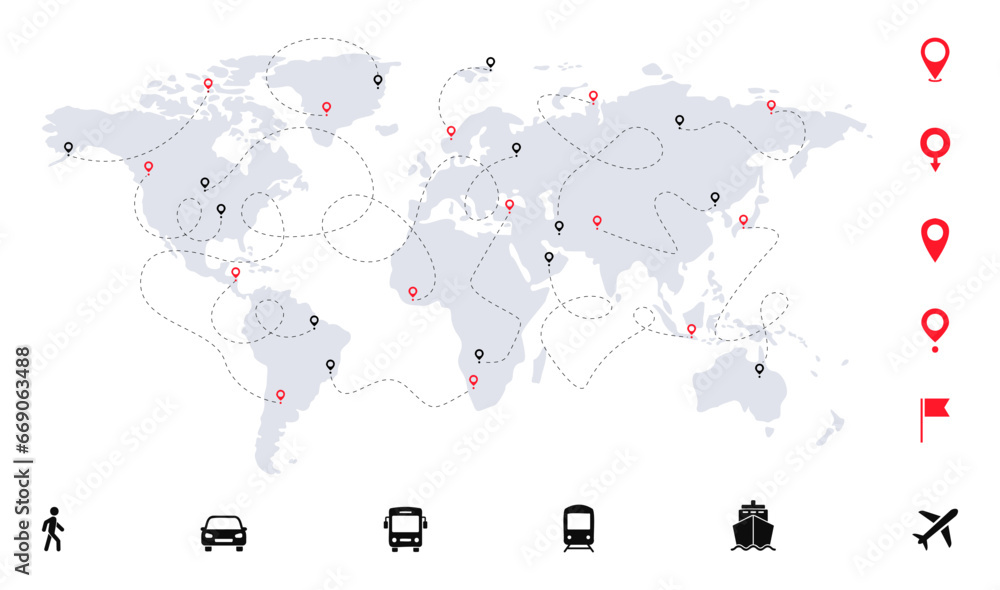 World travel map with routes, transport and pins. Transport dotted ...