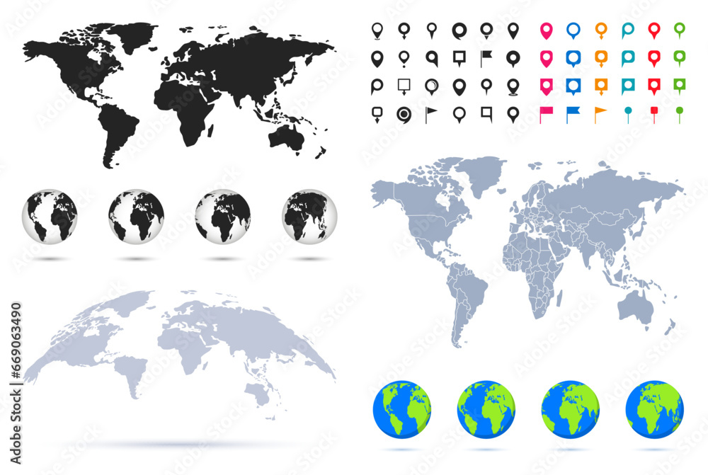 Big set of world maps, globes and location pins. Airplane routes set ...