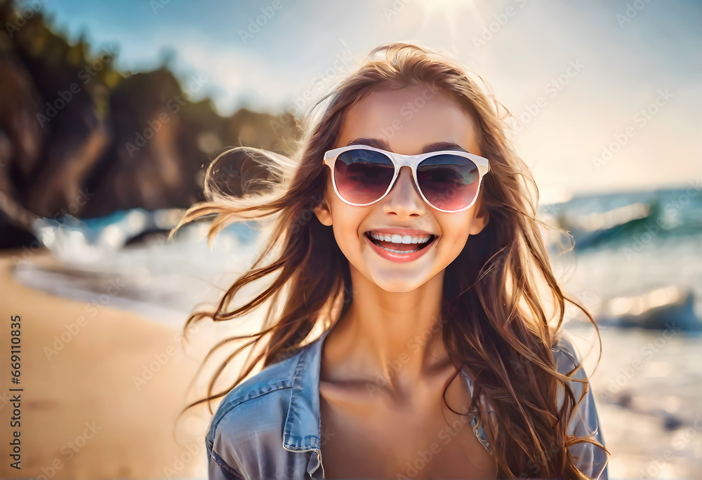 Portrait of a smiling young beautiful female model with bikini wearing ...