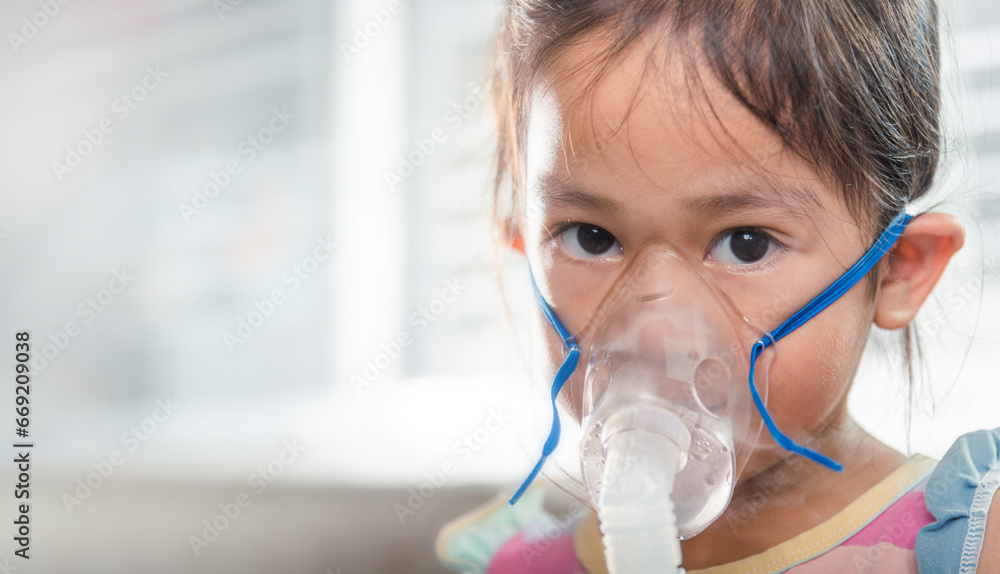 Kid girl making makes inhalation nebulizer steam sick cough at home ...