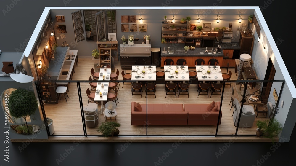 floor plan 3d design for small cafe with visible window seats Stock ...