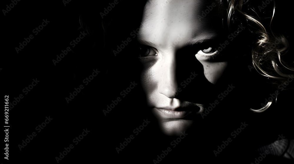 Black and white photo of a woman's face with an intimidating stare, lit ...