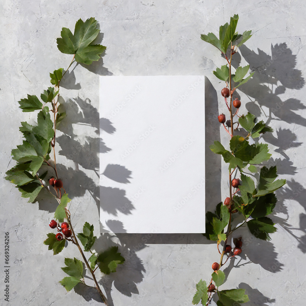 Empty white horizontal rectangle poster mockup with soft hawthorn ...