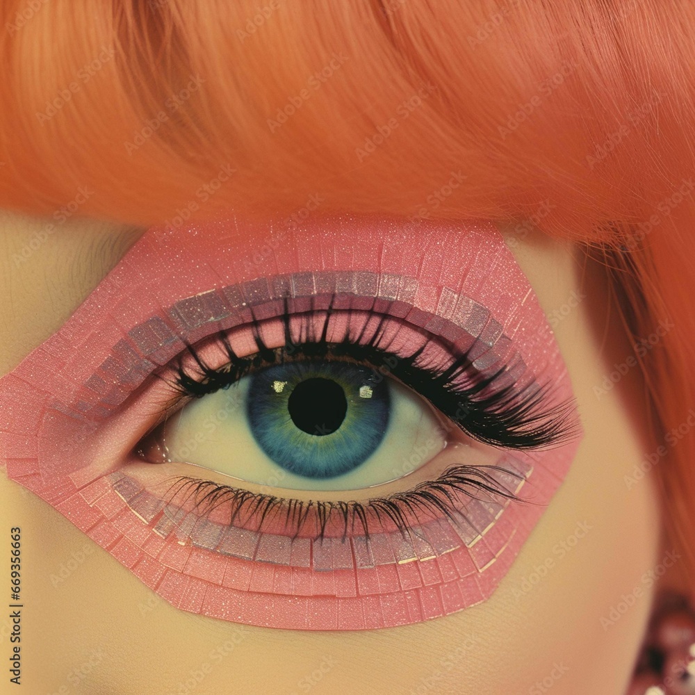 An AI illustration of a close up photo of a barbie doll's eye and a ...