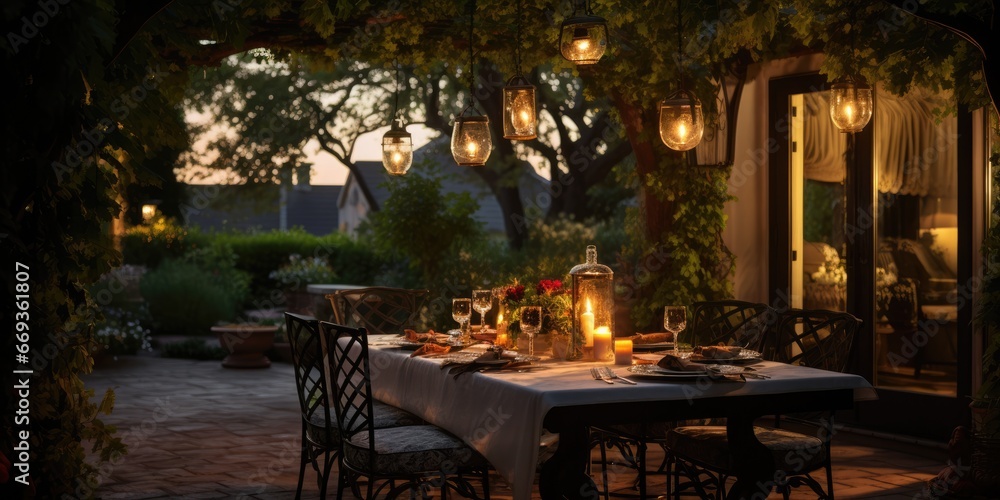 a romantic outdoor dining space with a wrought iron table, draped with ...