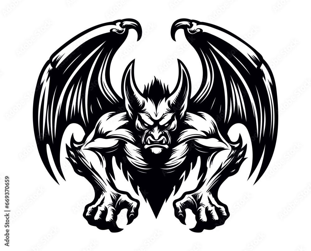 Fierce Gargoyle Drawing with Dragon Wings, Horns, and Claws Stock ...