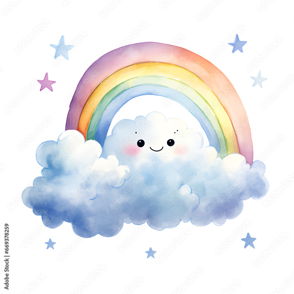 watercolour happy cloud with rainbow isolated on transparent background ...