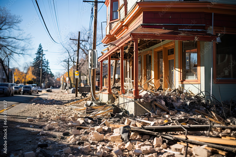 debris on the ground in front of a building that has been demolished to ...