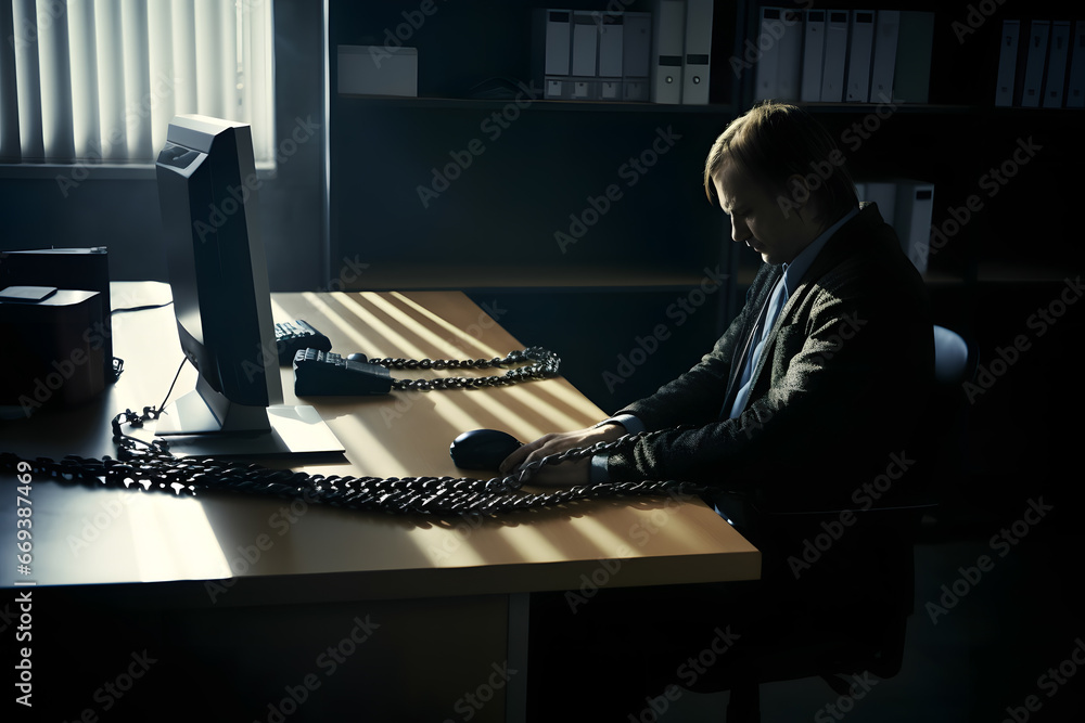 Man businessman office worker chained to workplace computer. Concept ...