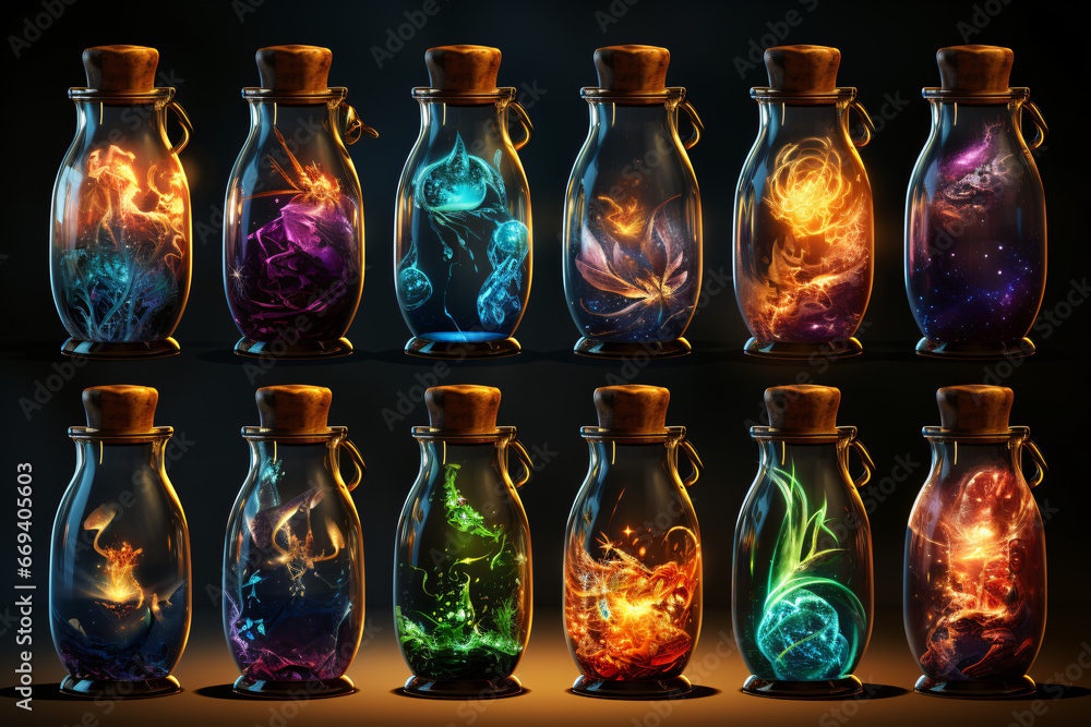 Potion bottles with magic elixir and tags, cartoon glass flasks with ...