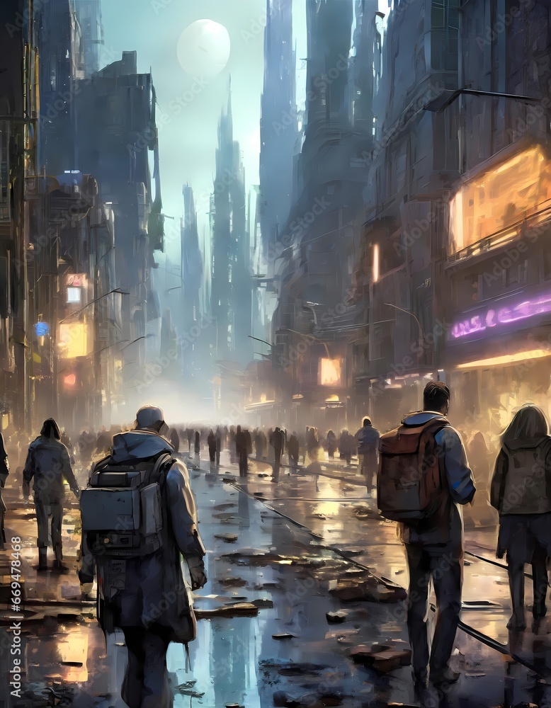 Stock-Illustration „View of a street of a futuristic city with tall ...