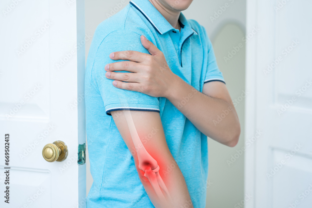 Diseases of the elbow joint, bone fracture and inflammation, man ...