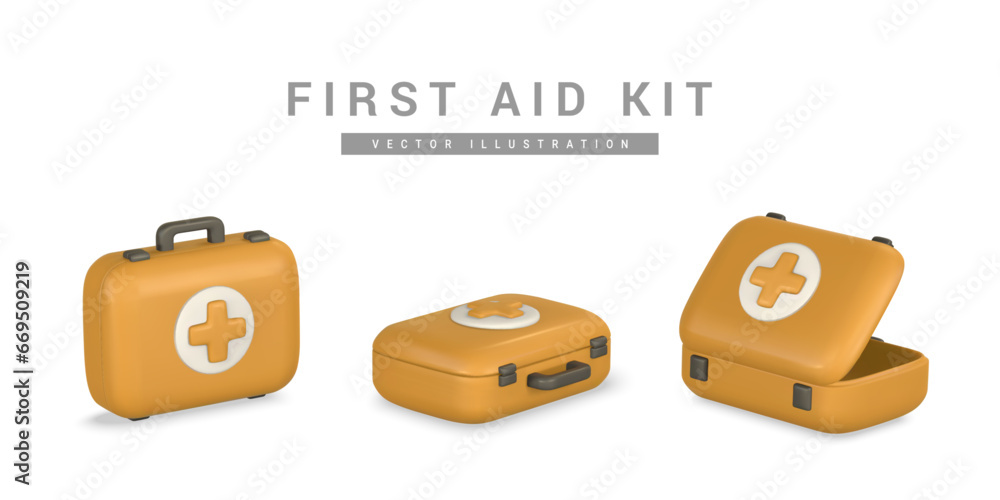 3d realistic first aid kit, emergency box in cartoon style. Hospital ...