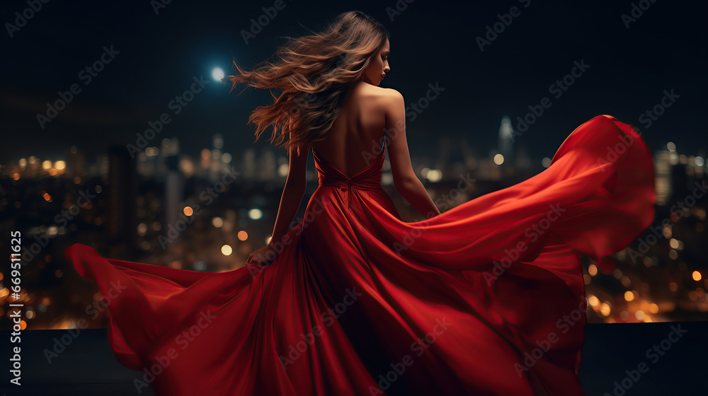 Fashion Woman in Red fluttering Dress Back Side Rear View. Glamour ...